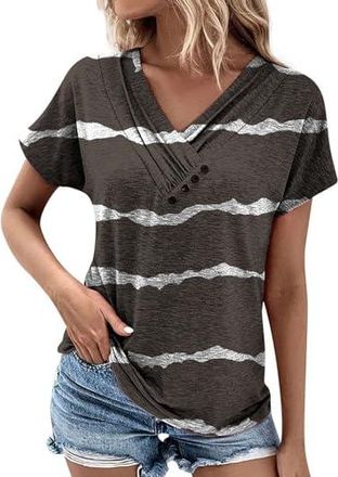 Generic T-shirt habillé boutonné à manches courtes pour femme - Imprimé floral - Col en V - Joli pull dété, kaki, XL