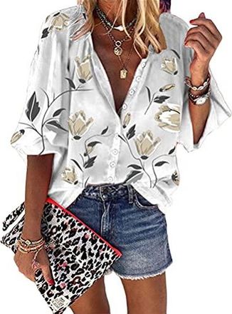 Onsoyours Chemisier Femme Manches Courtes T Shirt Rayures Verticales Chemise Femmes Chic Col en V Blouse Tunique X Blanc XXL