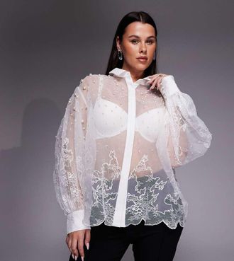 Asos Curve - Chemise en organza et dentelle orn&eacute;e de perles - Blanc