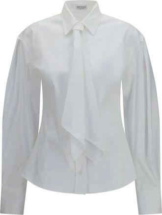 Brunello Cucinelli Chemise en coton m&eacute;lang&eacute; avec cravate - Femme - Blouses et Chemises - Blanc - Taille: 38 FR