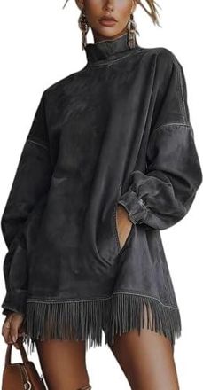 Generic Mini robe en velours à pampilles pour femme - Col haut - En daim - Vintage - Ample - Manches longues - Avec, gris, XXL