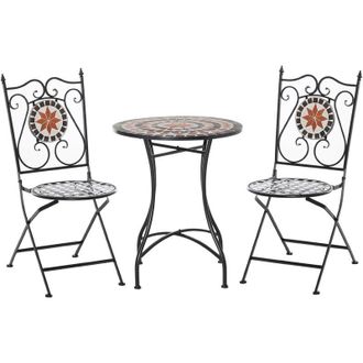 OUTSUNNY Ensemble bistro 2 places 3 pi&egrave;ces style fer forg&eacute; mosa&iuml;que c&eacute;ramique motif rose des vents chaises pliables m&eacute;tal &eacute;poxy noir