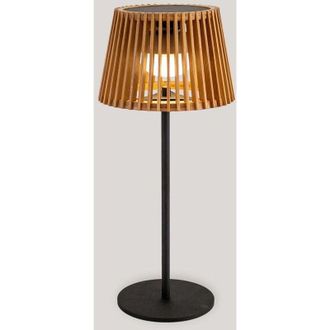 Licht-Erlebnisse LED Tischleuchte au&szlig;en Solar Holz Metall 36 cm IP54 2700 K Fernbedienung kabellos tragbar Modern Tischlampe Balkon Terrasse