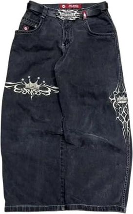 ORANDESIGNE Homme Jeans Baggy Taille Basse Unisexe Pantalon Cargo Décontracté Imprimé Hippie Denim Noir XS