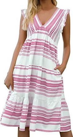 Generic Robe boh&egrave;me 2026 pour femme - Jupe de g&acirc;teau ray&eacute;e boh&egrave;me - Robe d&eacute;t&eacute; tendance &agrave; col en V, Rouge, S