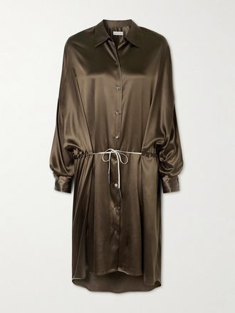 Dries Van Noten Robe-chemise En Satin De Soie Mélangée - Marron