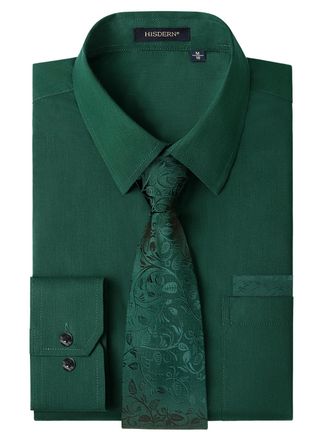 Hisdern Herren Hemden Langarm Dunkelgrün Business Hemd mit Krawatte Regular Fit Unifarben Herrenhemd mit Brusttasche für Hochzeit 3XL