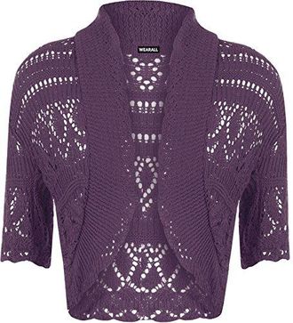 WearAll Boléro Cardigan Tricoté Crochet à Manches Courtes - Hauts - Femme - Pourpre - 44-46