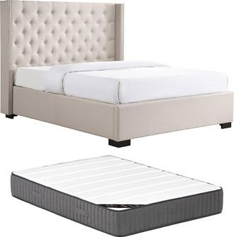 Vente-Unique Bett 160 x 200 cm mit gepolstertem Kopfteil - Stoff Beige + Matratze - Massimo