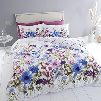 Catherine Lansfield Wende-Bettwäsche-Set für Doppelbett mit Kissenbezügen, Blumenmuster, Weiß