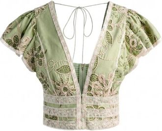 Alice & Olivia Femme, Blouses et Chemises, Vert, Taille: 42 FR Haut &agrave; manches volant&eacute;es brod&eacute;es Keeley