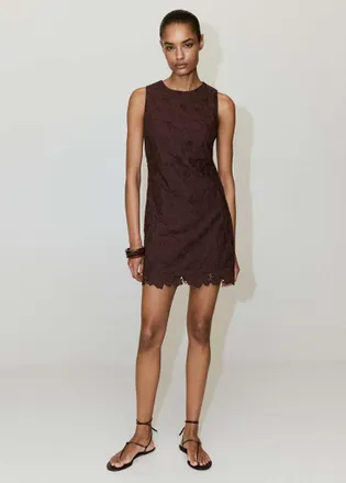 Mango Robe florale brod&eacute;e et ajour&eacute;e marron - Femme - M - MANGO