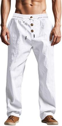 Generic Pantalon de jogging pour homme l&eacute;ger : pantalon en lin avec taille &eacute;lastique pantalon d&eacute;t&eacute; avec bouton vers le bas pantalon &agrave; enfiler jambe droite pan