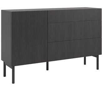 Selsey Commode Armoire 140 cm Porte &Agrave; Lamelles 3 Tiroirs sur Pieds en Bois Meuble De Rangement Fr&ecirc;ne Portland Noir Nolie