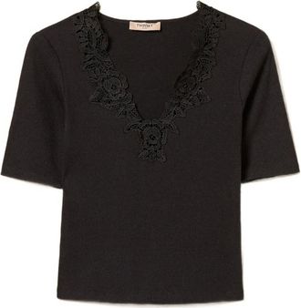 Twinset Femme, Blouses et Chemises, Noir, Taille: 42 FR Blouse Tricot&eacute;e &agrave; Col en V