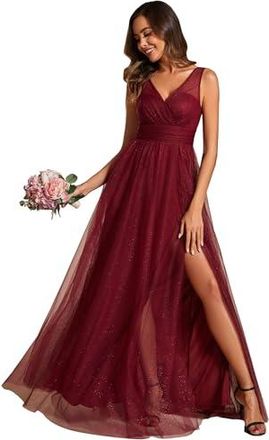 Ever-pretty Robe de Demoiselle dhonneur Tulle Brillant Col V sans Manche A Line Taille Empire Bordeaux 36