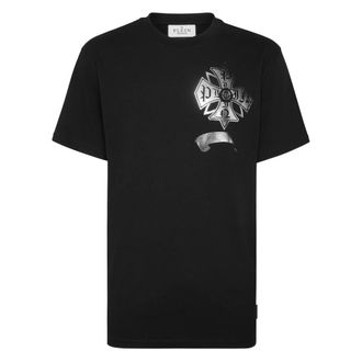Philipp Plein Homme, Tops, Noir, Taille: XL T-Shirt Col Rond D&eacute;lav&eacute; &Eacute;cusson Destroyed