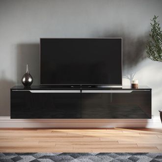 Sonni Tv Board M&ouml;bel H&auml;ngend tv Schrank Board mit 2 Klappt&uuml;ren Schwarz Hochglanz 140x35x30cm mit Einstellbar led Beleuchtung - Sonni