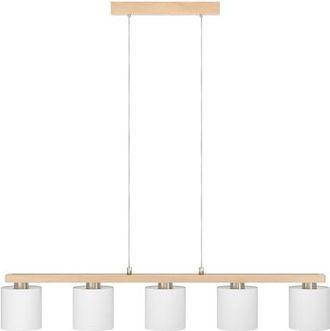 Eglo Pendelleuchte Castralvo, 5 flammige H&auml;ngelampe, H&auml;ngeleuchte aus Stahl in Nickel-Matt, Holz in Braun und Textil in Wei&szlig;, Esstischlampe FSC zertifizier