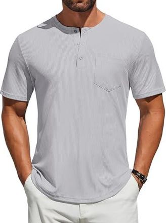 Coofandy T-Shirt Henley pour Homme Manches Courtes côtelé avec Poche Patte de Boutonnage décontracté Gris Clair Taille XXL