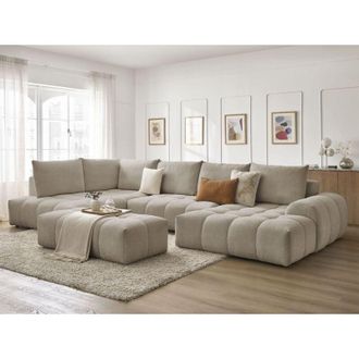 BOBOCHIC Canap&eacute; panoramique convertible coffre EVEREST tissu chin&eacute; avec pouf Angle droit Gris clair