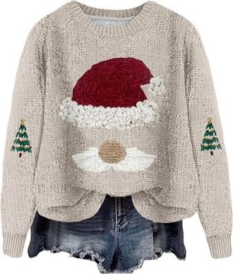 Generico Pull de No&euml;l rouge femme sweat femme de No&euml;l sweats P&egrave;re No&euml;l imprim&eacute; pull Tops &eacute;l&eacute;gant mode pull de No&euml;l avec col en fourrure et renne rouge, 03grey,