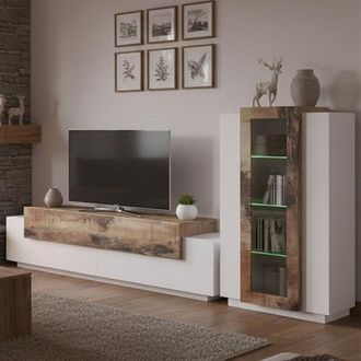 Dmora Ausgestattete Wand Mirko, TV-St&auml;nder-Wohnzimmerset, Mehrzweck-Wohnzimmerm&ouml;bel, 100 % Made in Italy, 280 x 45 x 121 cm, gl&auml;nzendes Wei&szlig; und Ahorn