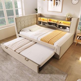 Elbe Lit Superpos&eacute; avec Lit Gigogne 90x200 cm - T&ecirc;te de Lit en L Rangement, &Eacute;clairage LED et Sommier &agrave; Lattes - Lin Beige (Sans Matelas)