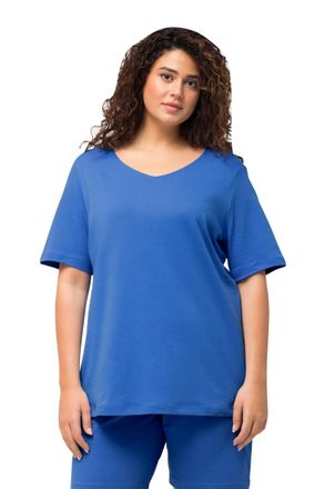 Ulla Popken Damen große Größen Übergrößen Plus Size Shirt, doppellagige Vorderseite, Slim, Rundhals, Halbarm Mittelblau 46+ 810528731-46+
