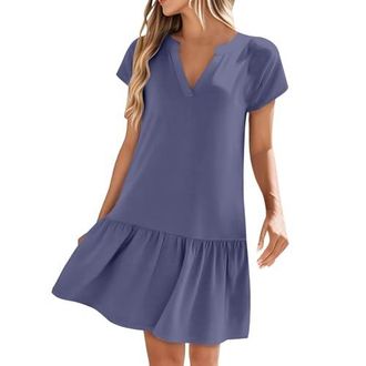 Generic Robe d&eacute;t&eacute; d&eacute;contract&eacute;e &agrave; manches courtes pour femme - Col en V - Volants - Taille profonde - Robe courte fluide - Robe en laine, Marine, XXL