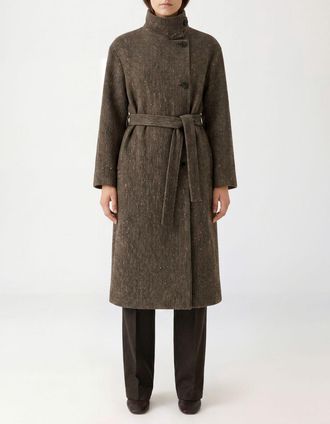 Brunello Cucinelli Zweireihiger Mantel aus Wolle mit Chevron-Muster und G&uuml;rtel