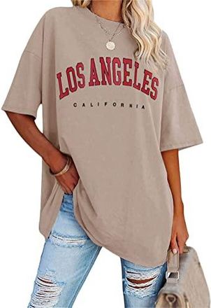 TOMWELL T-Shirt Oversize à Col Rond pour Femme Manche Courte Lettres LA Haut Dété Décontracté Chemise à Manches Courtes Lettres Créatives Blouse Sport Lâches 