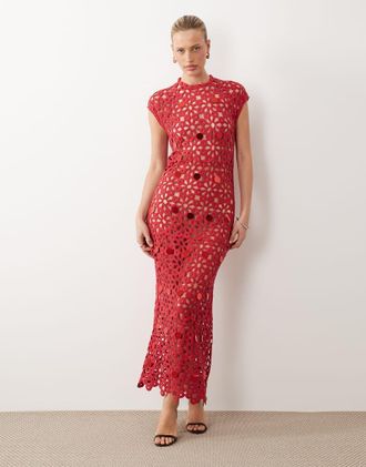 Asos Robe longue dos nu en maille au crochet &agrave; sequins - Rouge