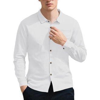 Generic Chemise en lin &agrave; manches longues pour homme avec col classique et boutonni&egrave;re sur toute la longueur, en mat&eacute;riau respirant pour le quotidien, le burea