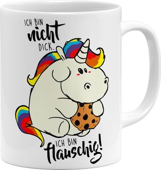 OM3 Lustige Einhorn Kaffee-Tasse mit Spruch - Ich bin nicht dick, ich bin flauschig - dickes Unicorn - Keramik Becher - 325ml - Beidseitig Bedruckt - Weis