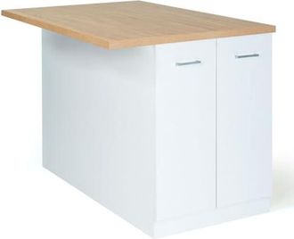 IDMarket Ilot Central IVO 100 cm Blanc avec Plan de Travail façon hêtre