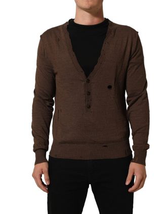 Dolce & Gabbana Linen-Blend V-Neck with Button Closure Sweater - Brown