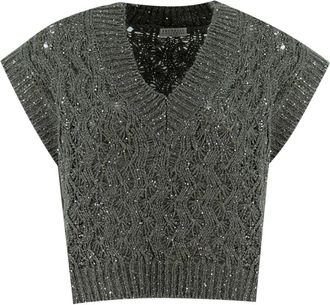 Brunello Cucinelli Femme, Pulls, Vert, Taille: 42 FR Haut sans Manches &agrave; Col en V