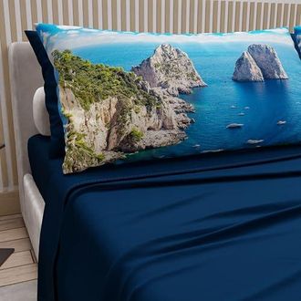 Petti Artigiani Italiani Bettwäsche-Set aus Baumwolle, für französisches Bett, mit Kissenbezügen und Spannbettlaken, 140 x 200 cm, Capri-Design, Nachtblau, 100% hergestellt in