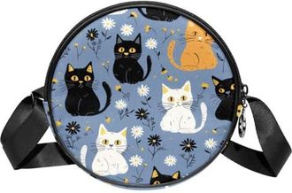 Generic Sac &agrave; bandouli&egrave;re rond pour femme, motif chats et marguerites, sac &agrave; dos avec fermeture &eacute;clair, bretelles r&eacute;glables, sac &agrave; main rond d&eacute;contract&eacute; pour 