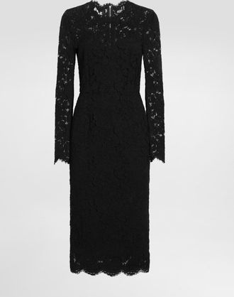 Dolce & Gabbana Longuette-langarmkleid Aus Elastischer Spitze Mit Logo - Frau Kleider Schwarz 42