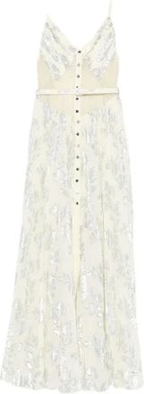 Self Portrait Femme, Robes, Blanc, Taille: 38 FR Robe Maxi M&eacute;tallis&eacute;e &agrave; Motifs Floraux