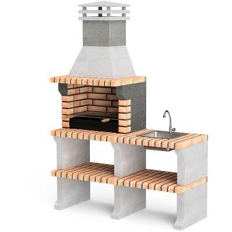 Movelar Movelar - Barbecue pr&eacute;fabriqu&eacute; &agrave; bois et charbon en b&eacute;ton r&eacute;fractaire mod&egrave;le Liz Plus xl avec &eacute;vier et robinet (Gris, Orange - 142 x 58 x 210 cm)