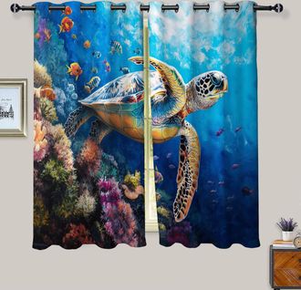 Generic Vorhang Mit Meeresschildkröten Fische, Blickdicht, Wärmeisoliert, Verdunklung, Tierlandschaft, Fenstervorhänge Mit Ösen, Für Wohnzimmer Esszimmer Schl