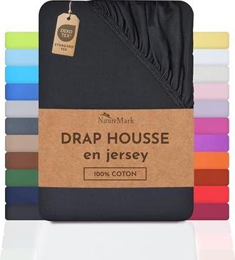 NatureMark Drap-Housse en Jersey, 100% Coton, Disponible dans de Nombreuses Tailles et Couleurs, qualit&eacute; Oeko-Tex Standard 100, 140 x 200 cm - 160 x 200 cm, Noir