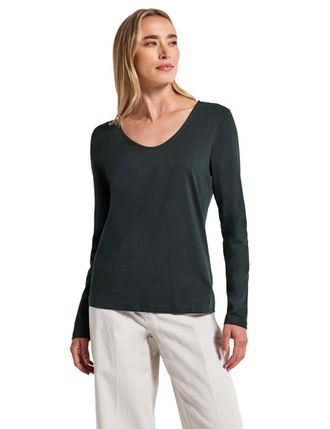 Street One Damen 3228116 Langarmshirt in Unifarbe, evernight Green, 42