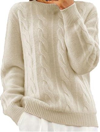 Generico Pull à manches longues et col rond en tricot torsadé noir - Pull épais pour femme à manches longues - Pull décontracté en tricot ample - Haut épais en