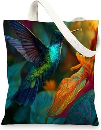 Generic Sacs fourre-tout en toile motif colibri, sacs réutilisables, légers et lavables avec bandoulière, coloré, 13x15 Inch