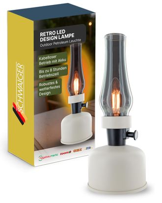 Schwaiger Retro LED Lampe im Petroleum Look I Kabellose Tischleuchte mit 2x 2000 mAh Akku I LED Leuchtmittel im Vintage Design mit Dimmer I 8h Leuchtdauer f&uuml;r G