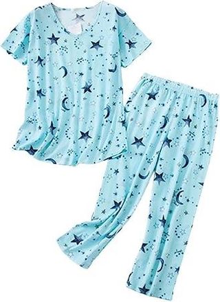 Generic Pyjama dété à col rond et manches courtes en flanelle pour femme, Vert, M